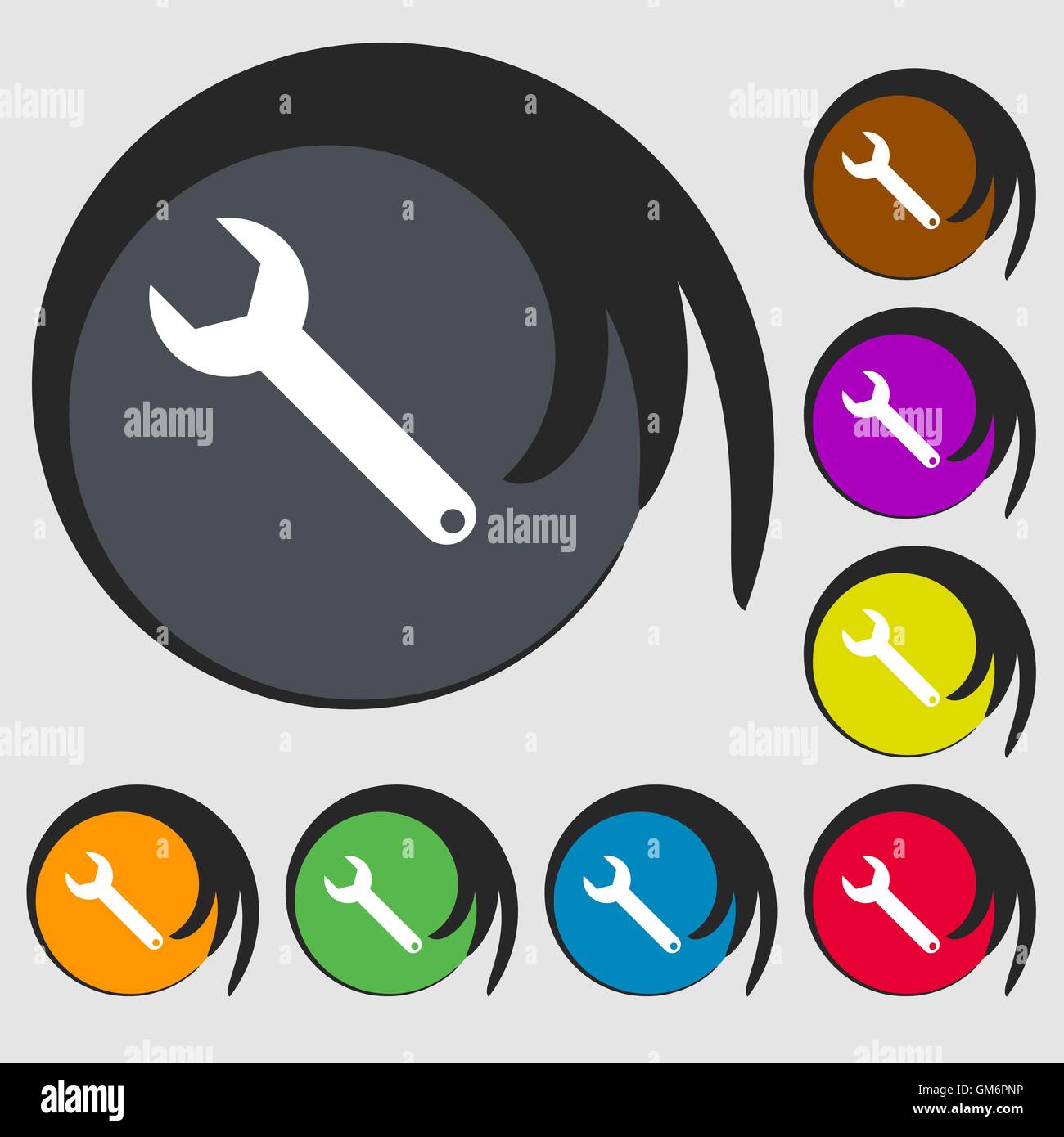 Wrench key sign icon. Service tool symbol. Symbols on eight colored ...
