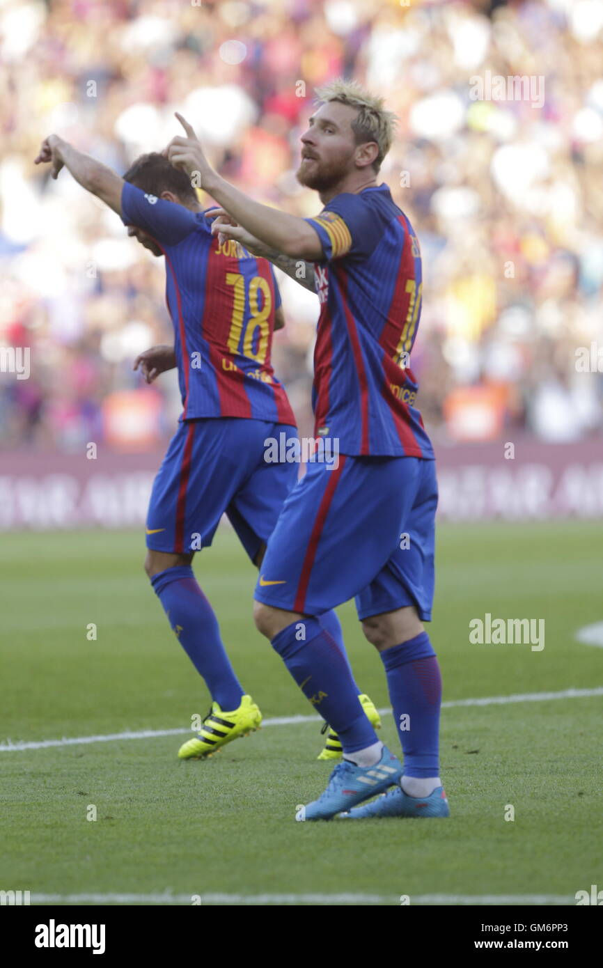 08/20/2016. Camp Nou, Barcelona, Spain. Lionel Messi goal celebration ...