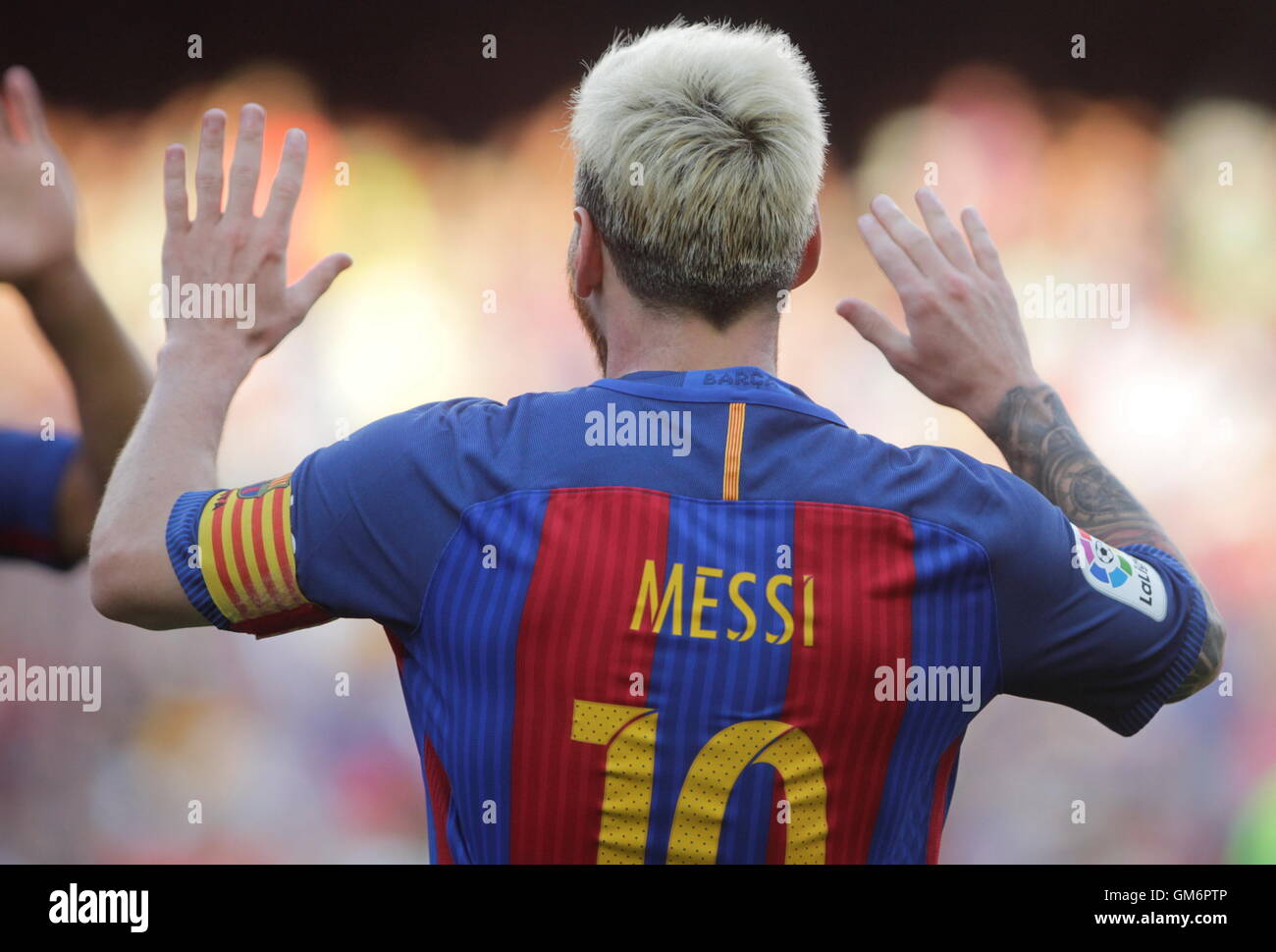 08/20/2016. Camp Nou, Barcelona, Spain. Lionel Messi goal celebration ...