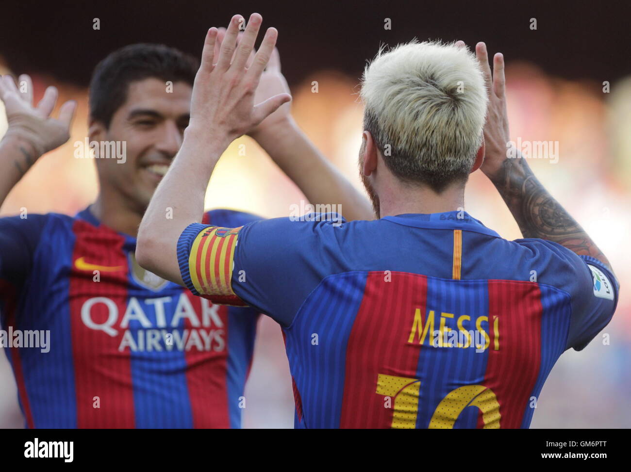 08/20/2016. Camp Nou, Barcelona, Spain. Lionel Messi goal celebration ...
