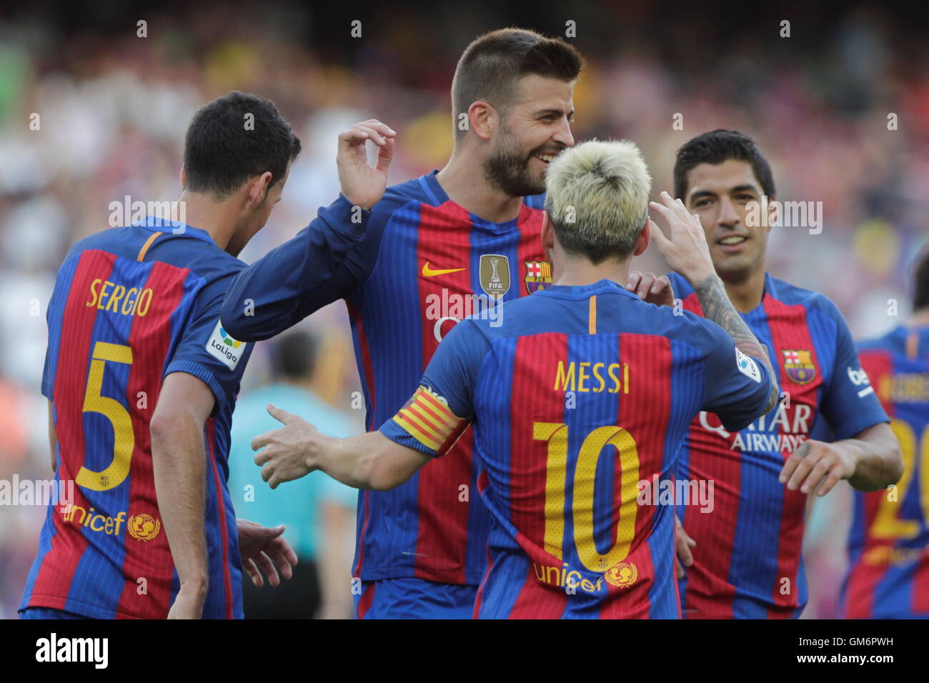 08/20/2016. Camp Nou, Barcelona, Spain. Lionel Messi goal celebration ...
