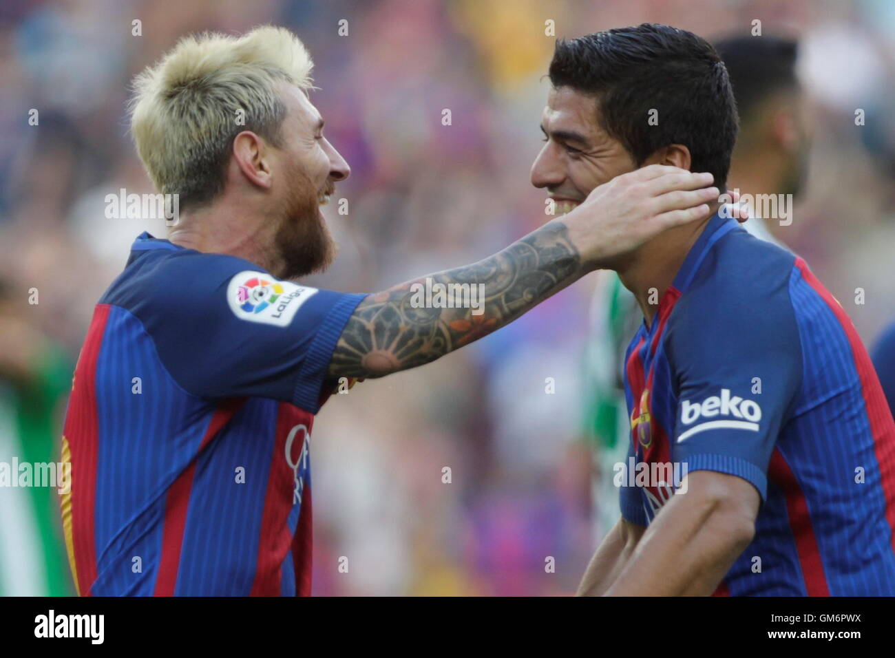 08/20/2016. Camp Nou, Barcelona, Spain. Lionel Messi goal celebration ...