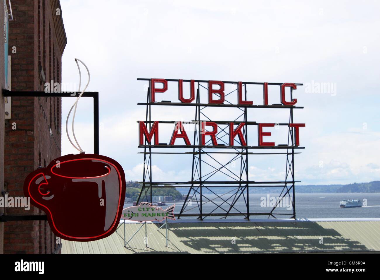 Seattle's pikes place market with coffee sign Stock Photo - Alamy