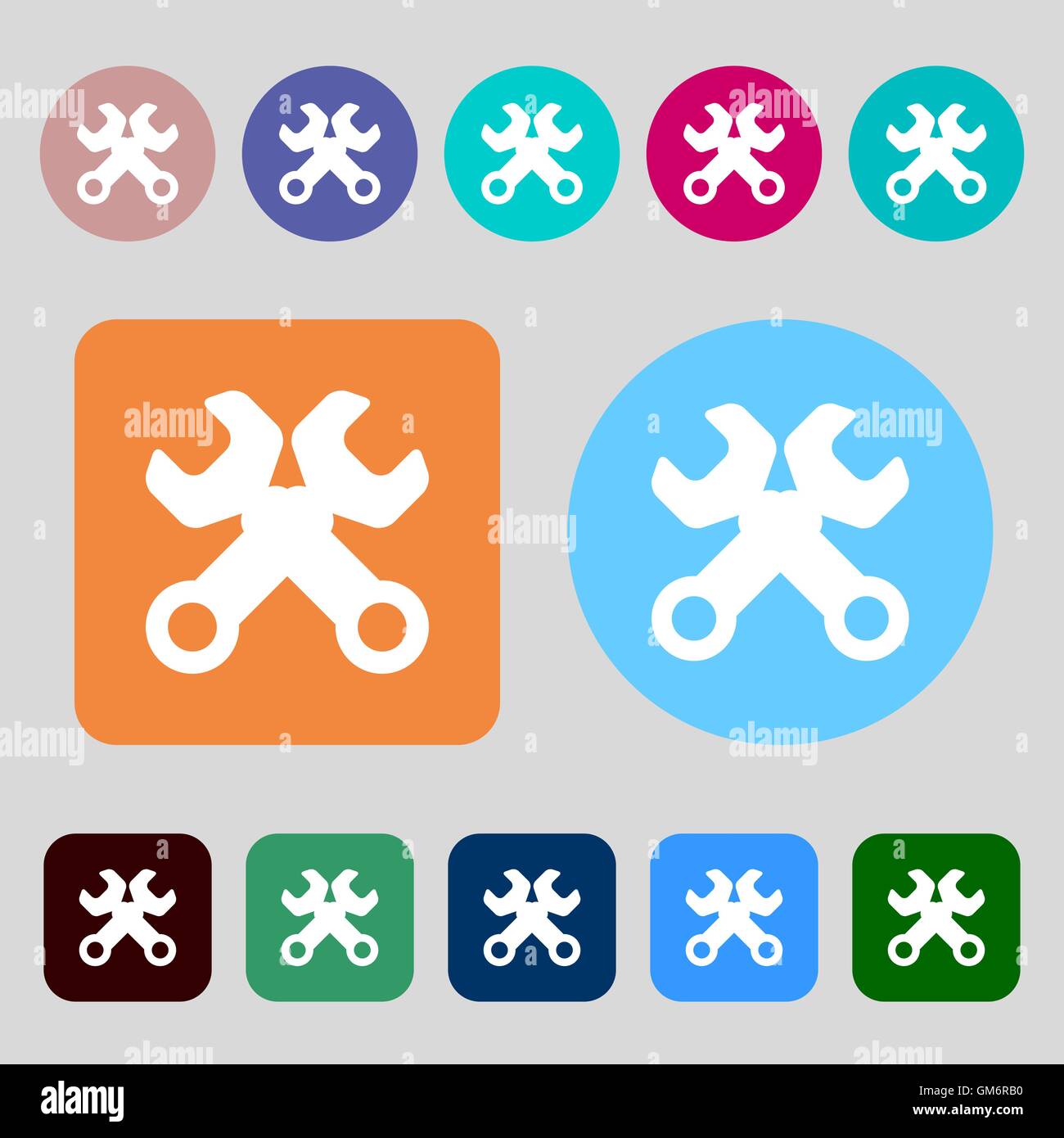 Wrench key sign icon. Service tool symbol. 12 colored buttons. Flat ...