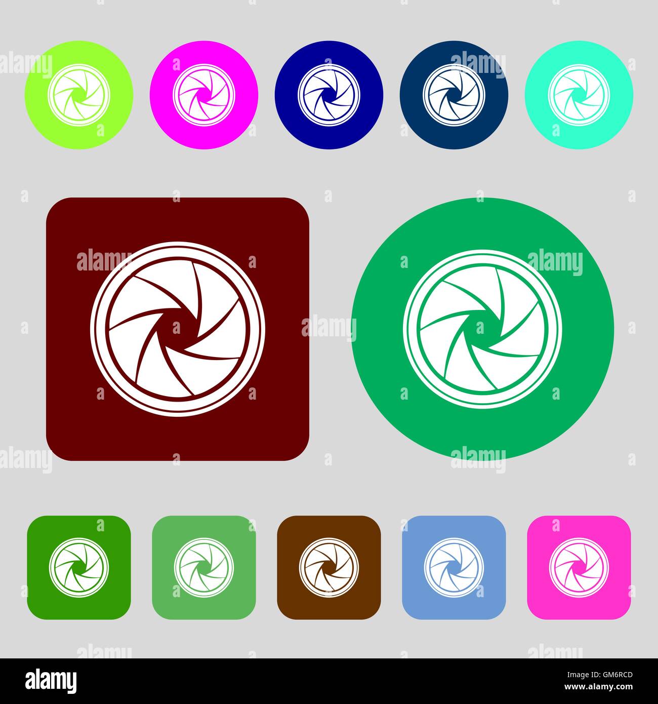 diaphragm icon. Aperture sign. 12 colored buttons. Flat design. Vector ...