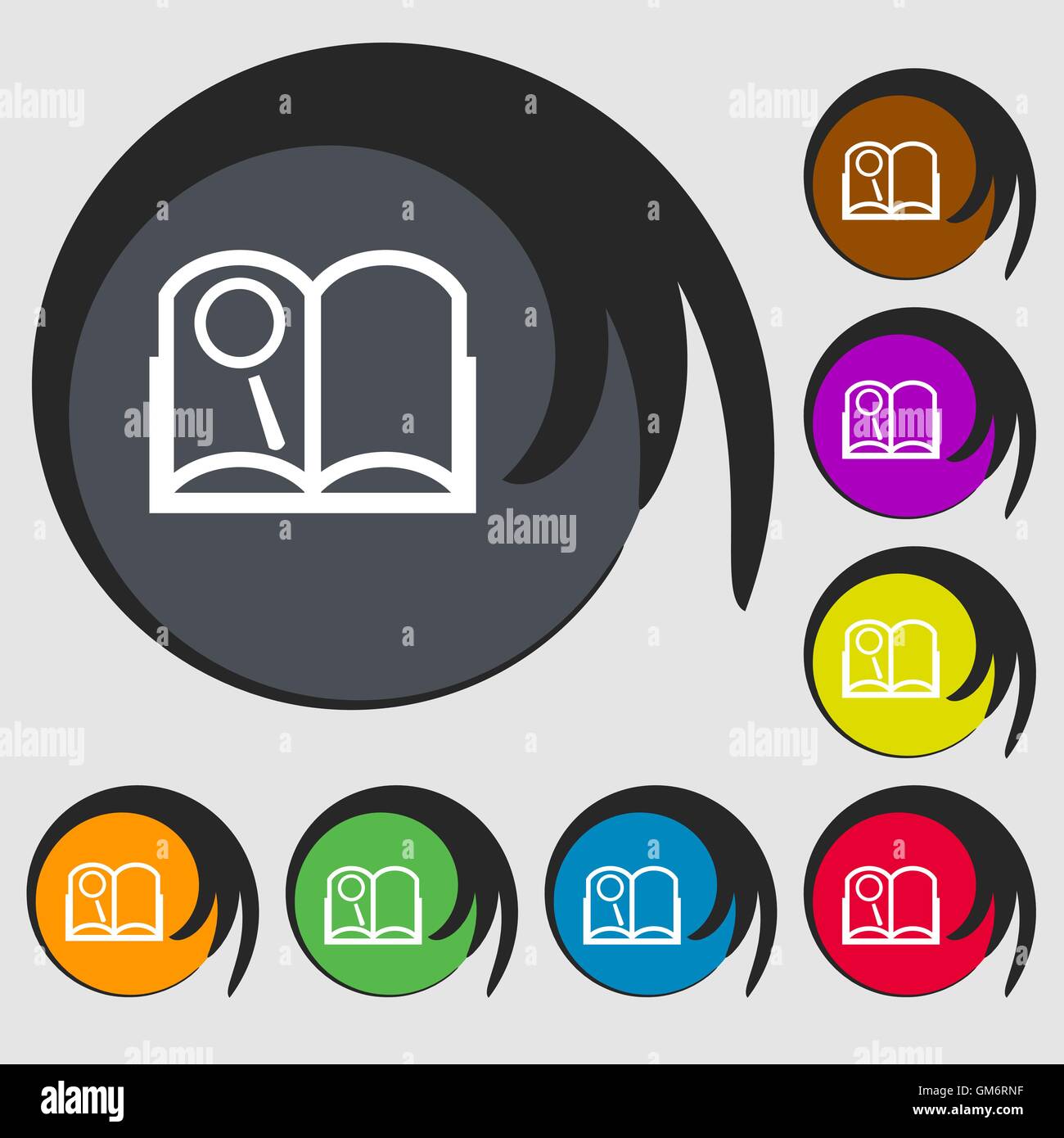 Book sign icon. Open book symbol. Symbols on eight colored buttons ...