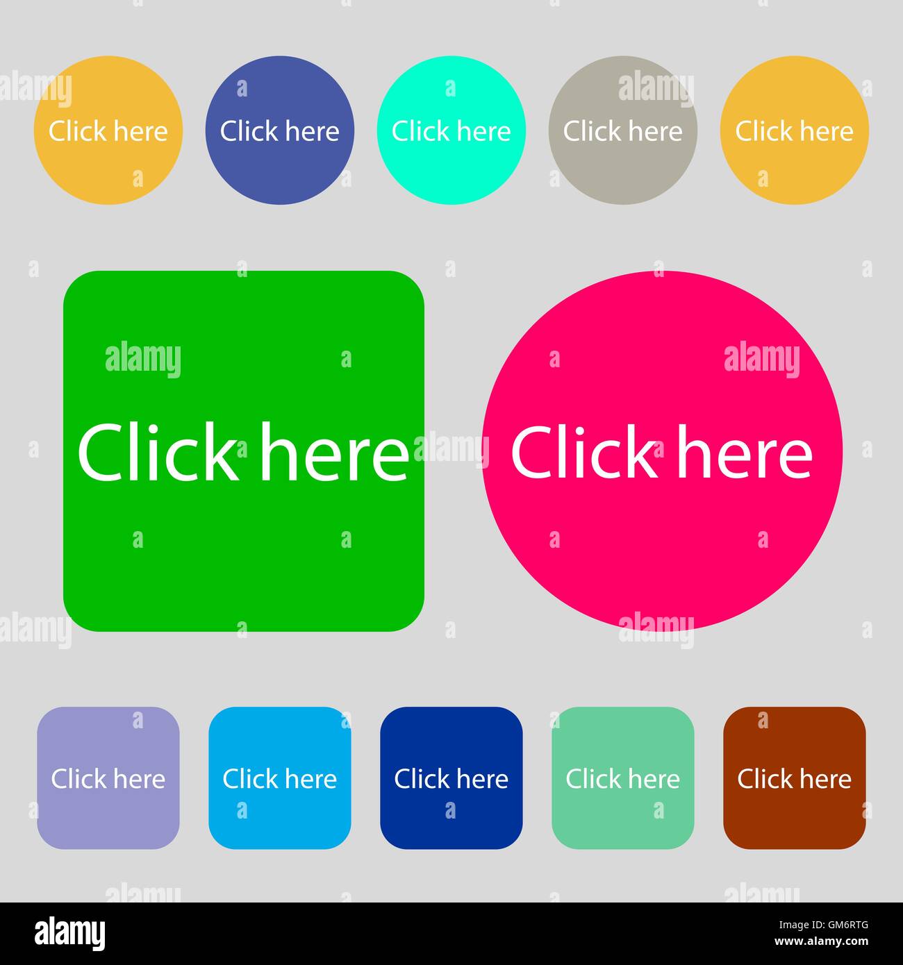 Click here sign icon. Press button. 12 colored buttons. Flat design ...