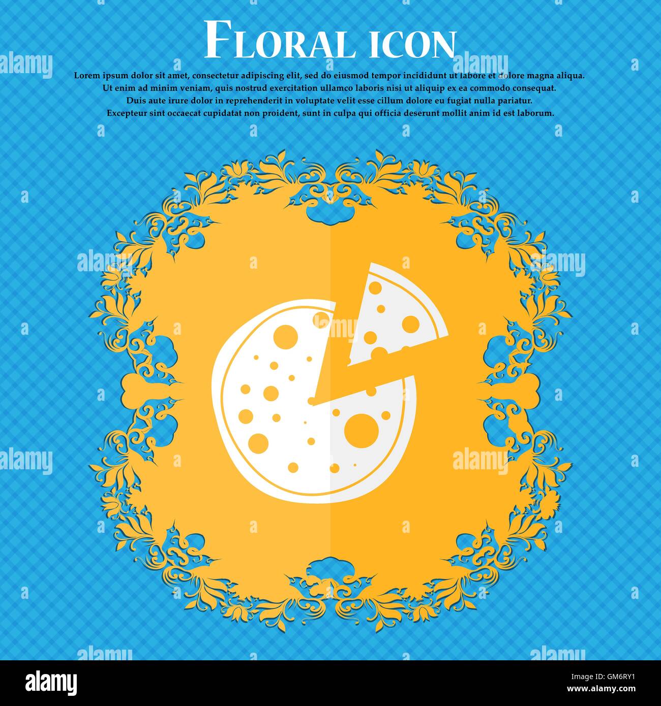 Pizza Icon. Floral flat design on a blue abstract background with place ...