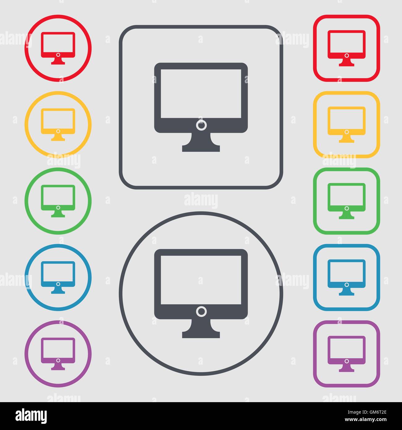 Computer widescreen monitor sign icon. Symbols on the Round and square ...
