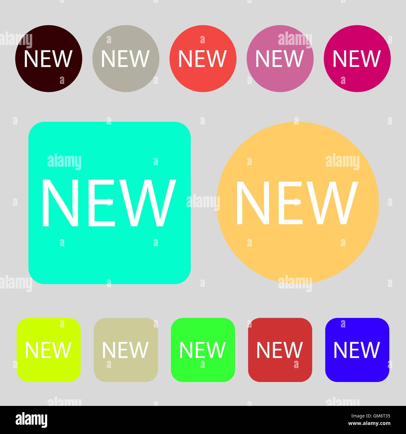 New sign icon. arrival button symbol. 12 colored buttons. Flat design ...