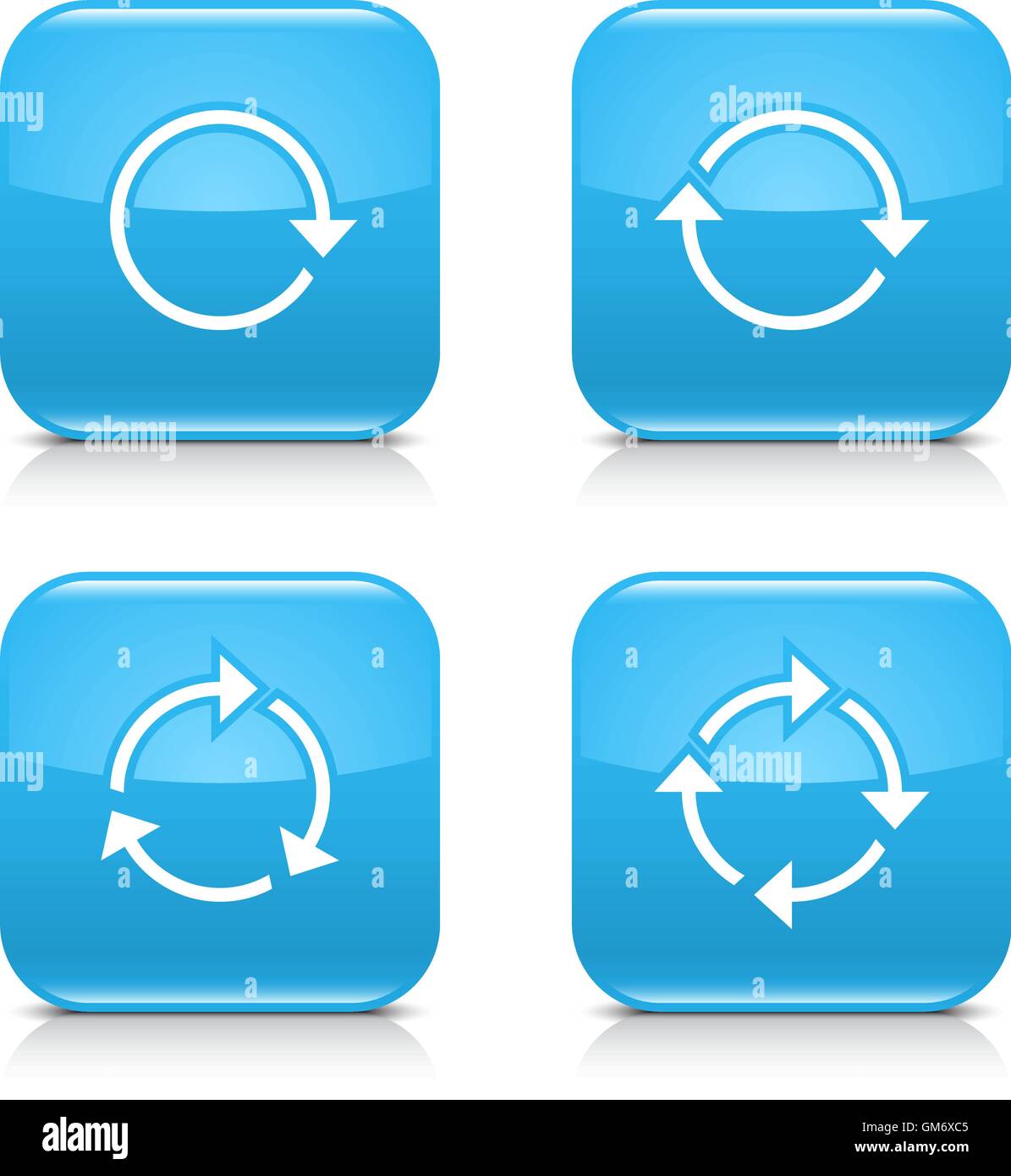 4 arrow icon. White repeat, reload, refresh, rotation sign. Set 01. Blue rounded square button ...