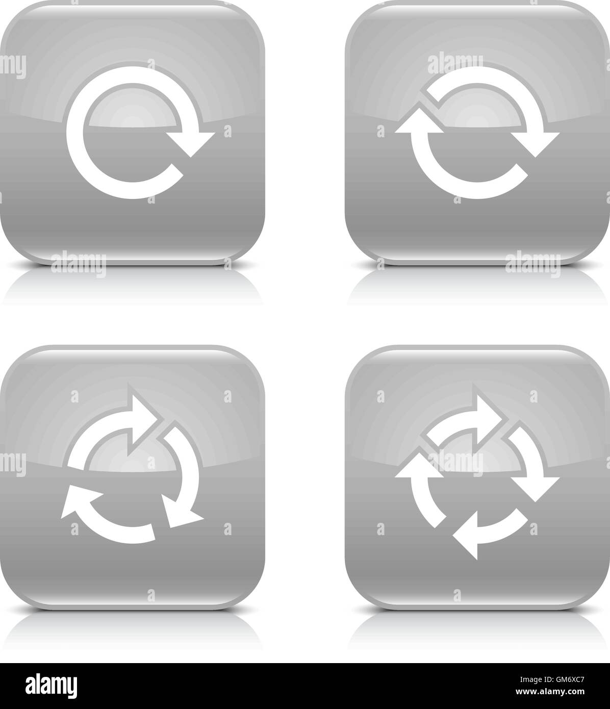 4 arrow icon. White repeat, reload, rotation, refresh sign. Set 02. Gray rounded square button ...