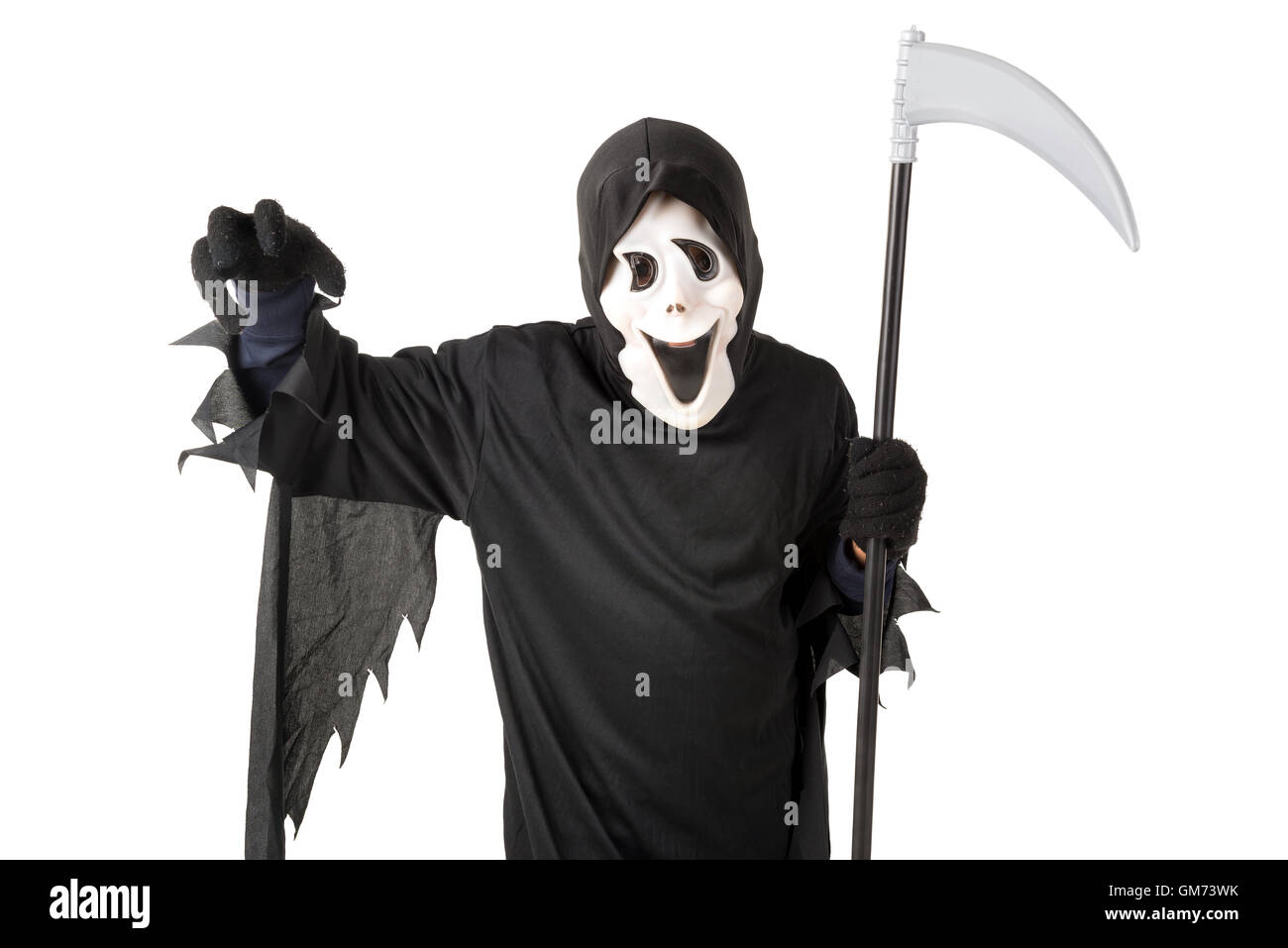 Kid with reaper mask in Halloween costume isolated in white Stock Photo ...