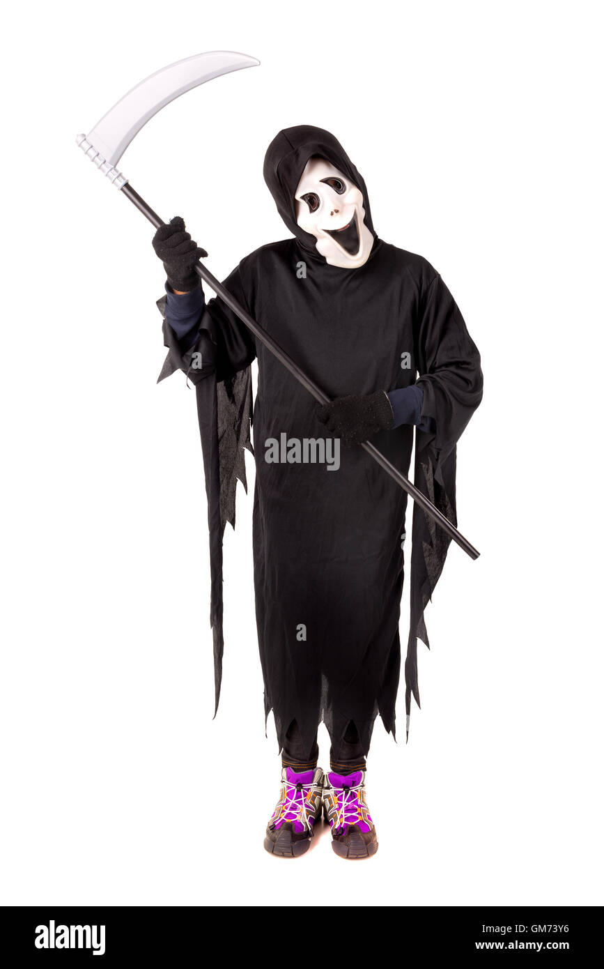 Kid with reaper mask in Halloween costume isolated in white Stock Photo ...