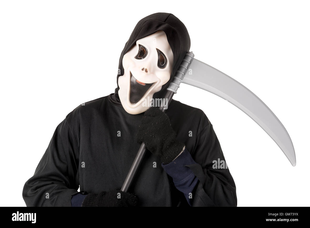 Kid with reaper mask in Halloween costume isolated in white Stock Photo ...