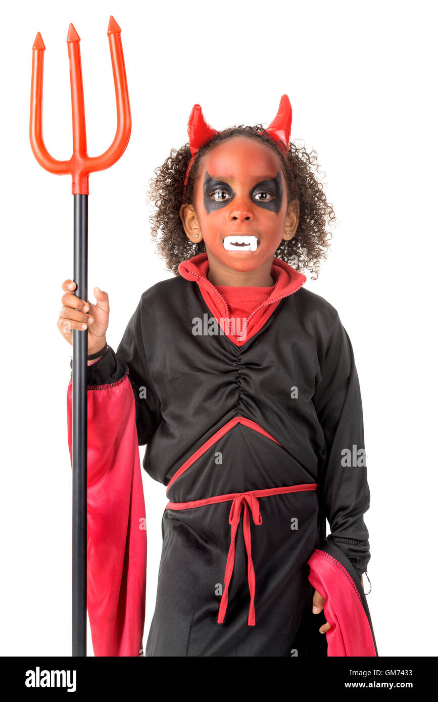 Girl with face-paint and devil Halloween costume isolated in white ...