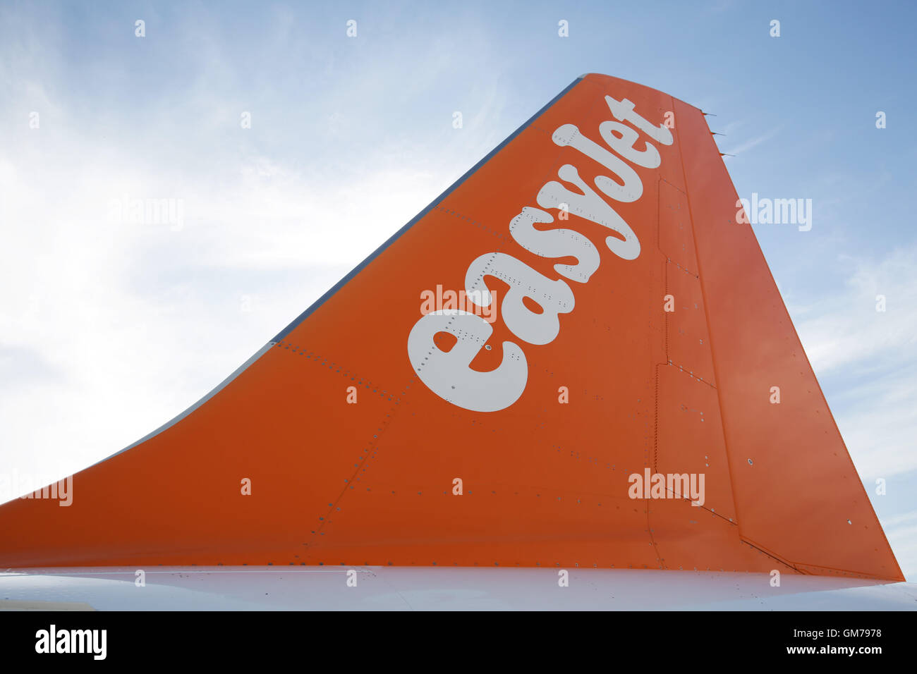 The tail fin of easyJet plane on the runway of Gibraltar Airport. PRESS ...