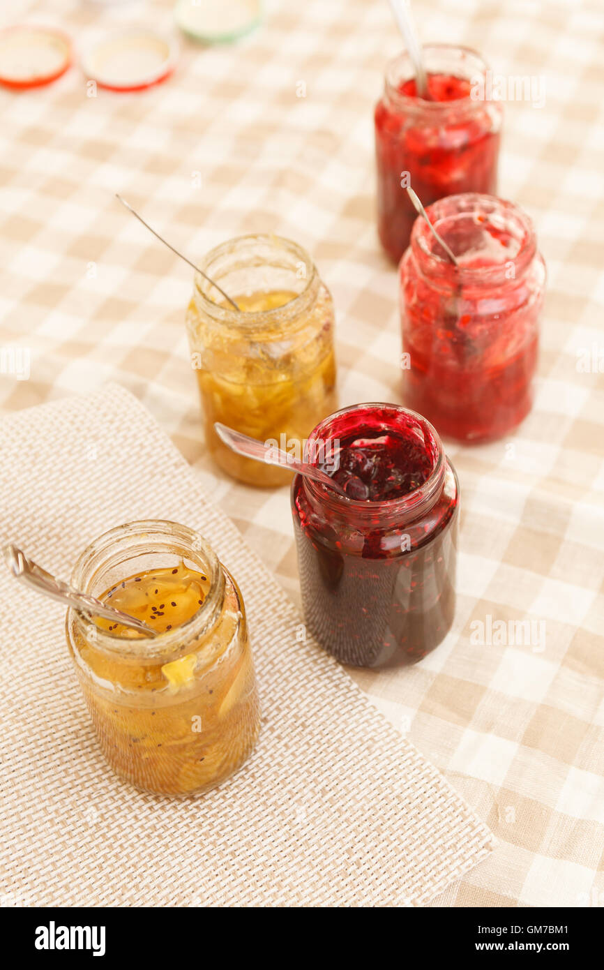 different jars full of fruity jam Stock Photo - Alamy