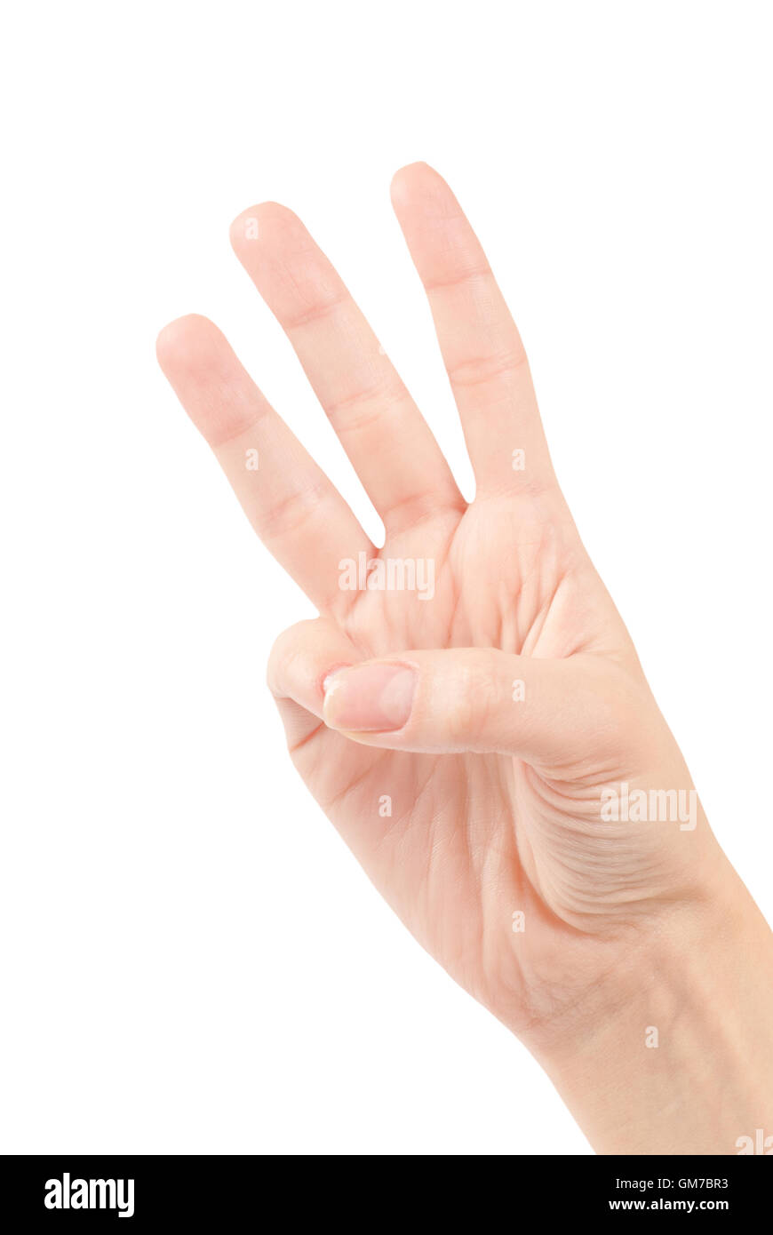 Female hands counting number three isolated on white Stock Photo - Alamy