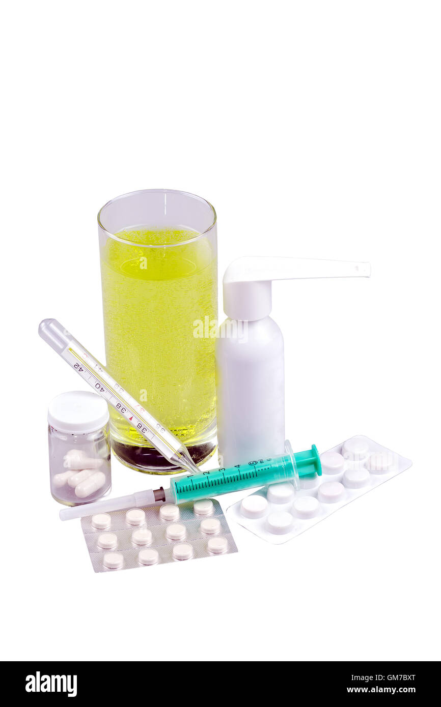 Medical supplies, tablets and capsules, spray throat and drink Stock ...