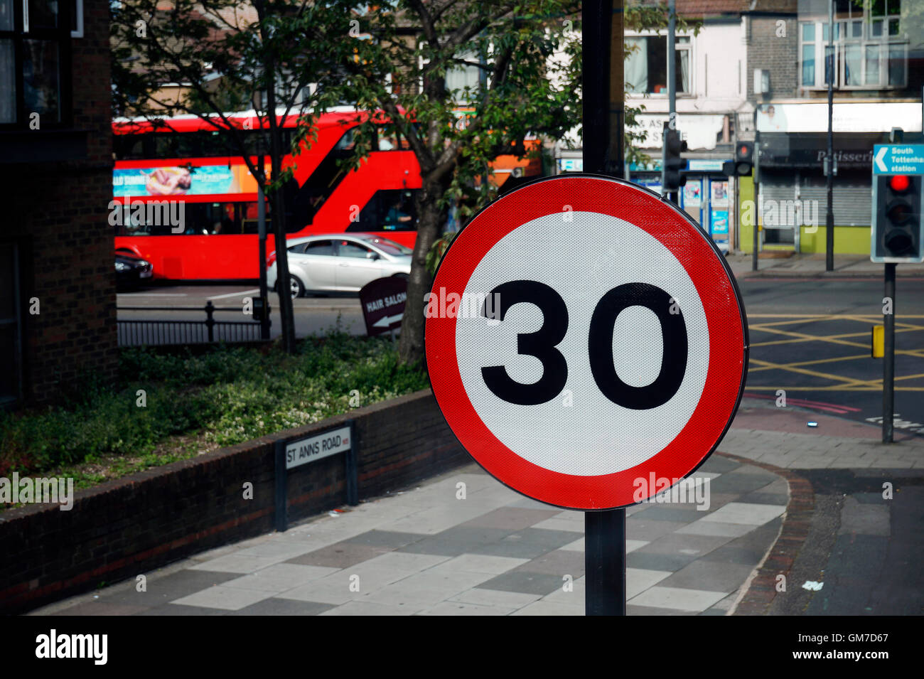 UK, Road Traffic Sign, Speed Limit 30 Mph on street view background ...