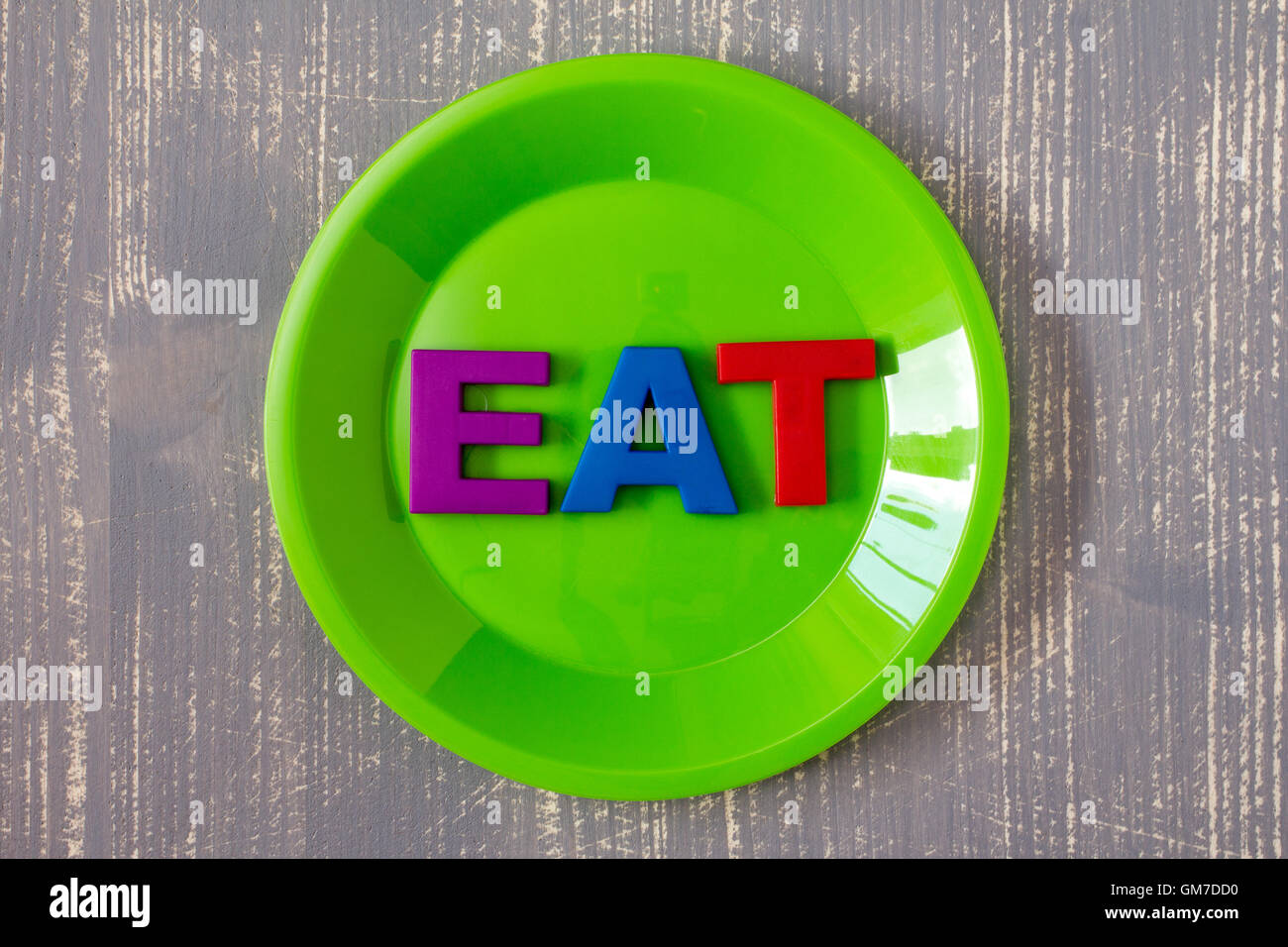 Plate with word EAT on the wooden background. Food concept Stock Photo ...