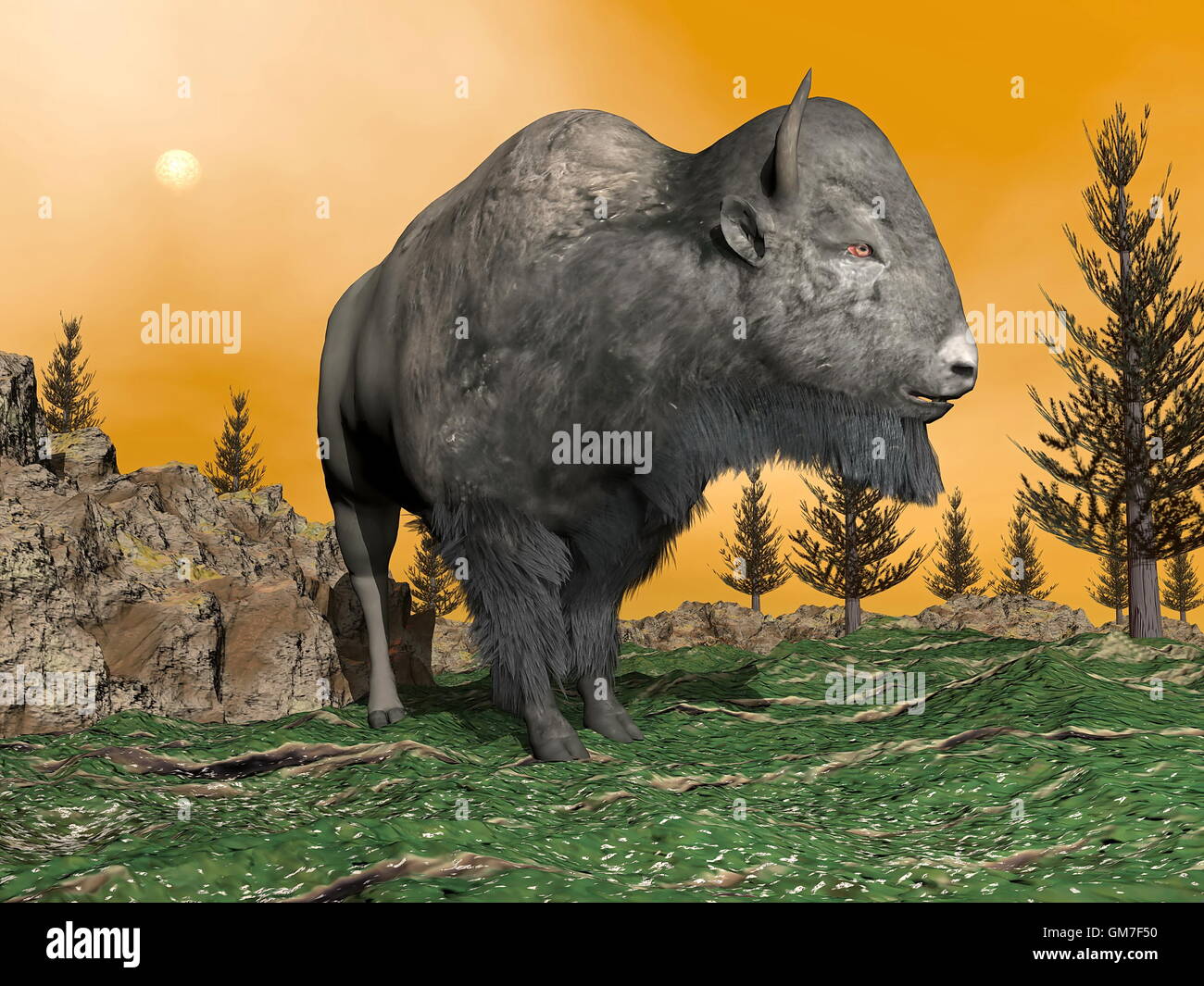 Bison by sunset - 3D render Stock Photo - Alamy