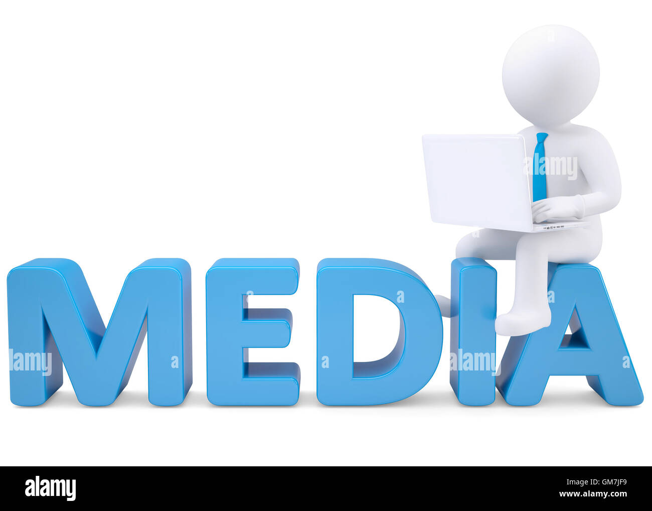 3d white man with laptop sitting on the word MEDIA Stock Photo - Alamy
