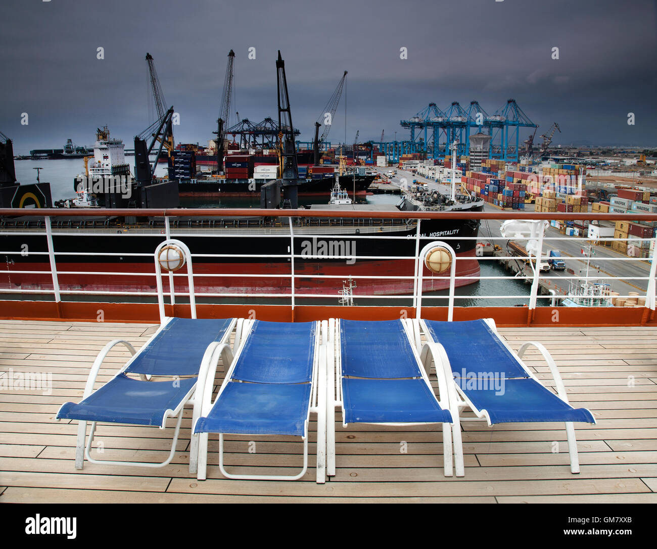 Empty Deck Chairs on the Deck of a ship in a Container port, Callao ...
