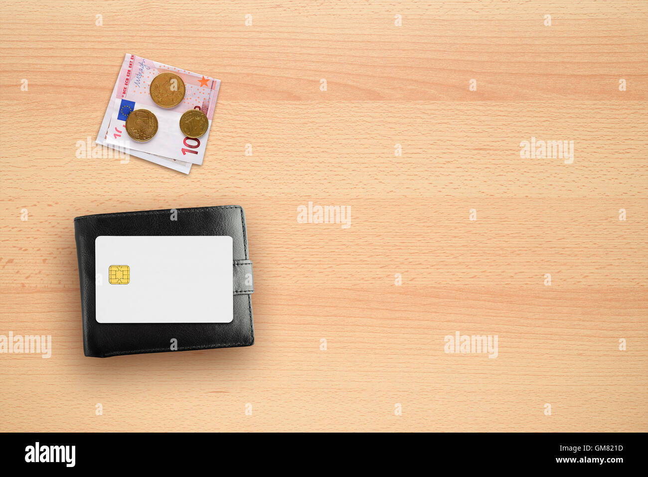 Wallet, money and credit card mock-up on desk Stock Photo - Alamy