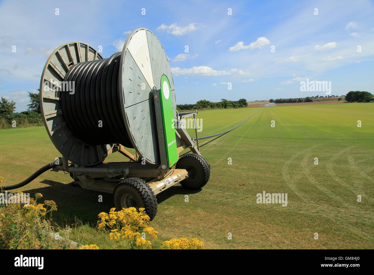 Rainstar E41 irrigation sprayer watering field of grass turf, Alderton ...