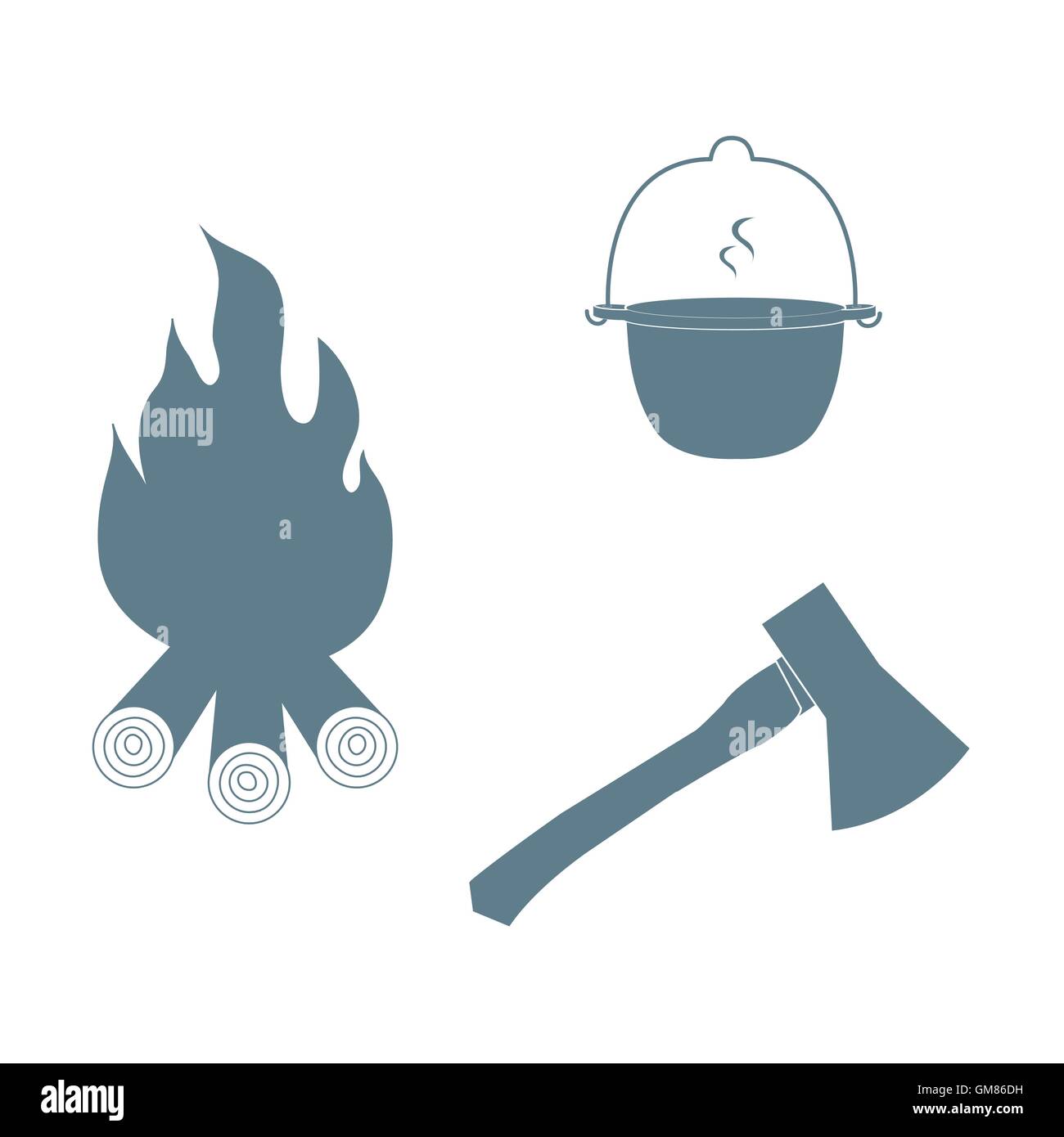 Stylized icon tourism and outdoor recreation: colored pot, fire and ax ...