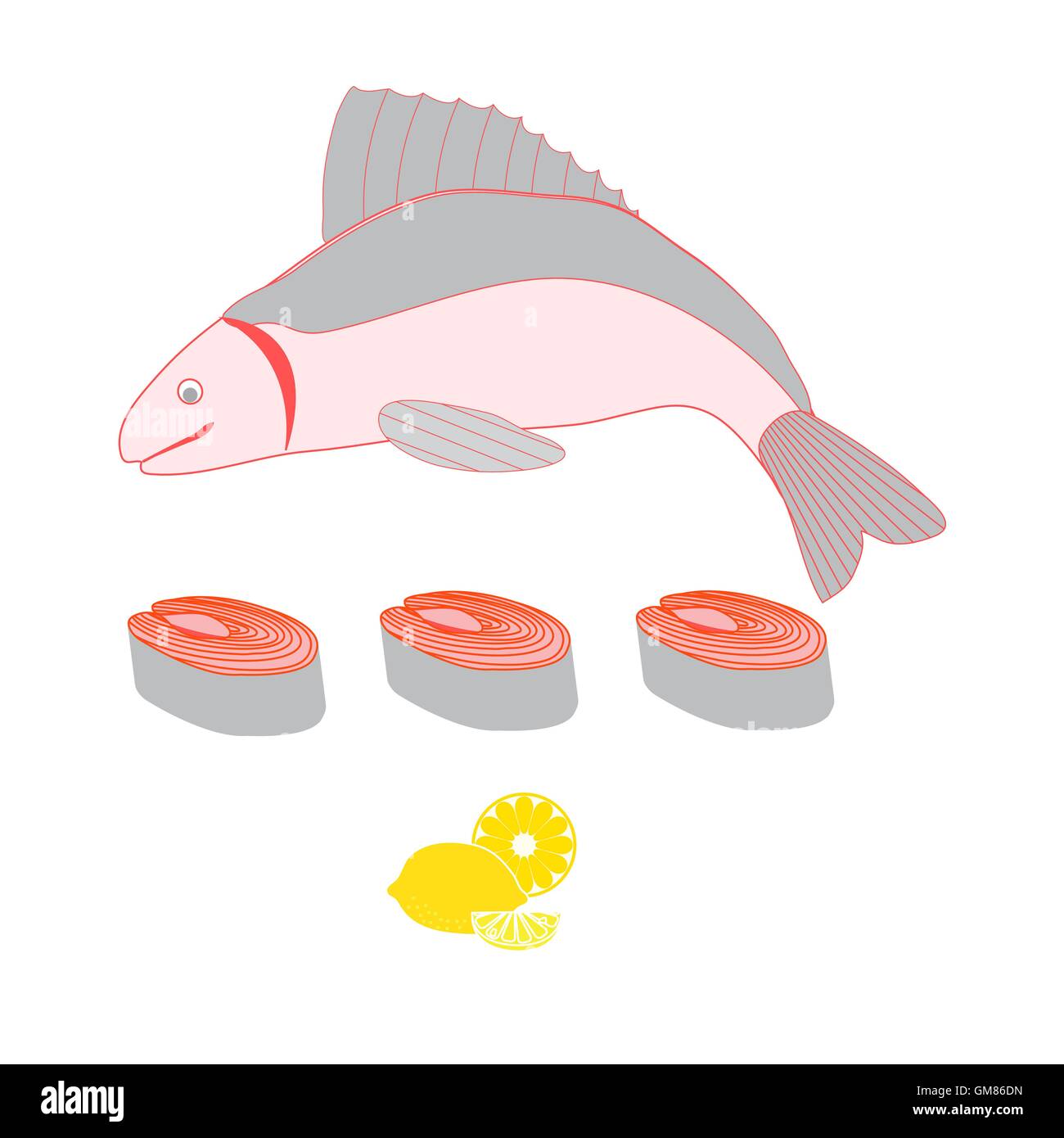 Colorful illustration of a whole fish and cut into pieces and lemon on ...
