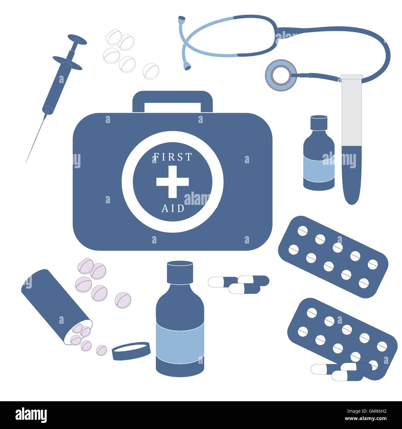 Stylized colored set of various medical devices and drugs first aid kit ...