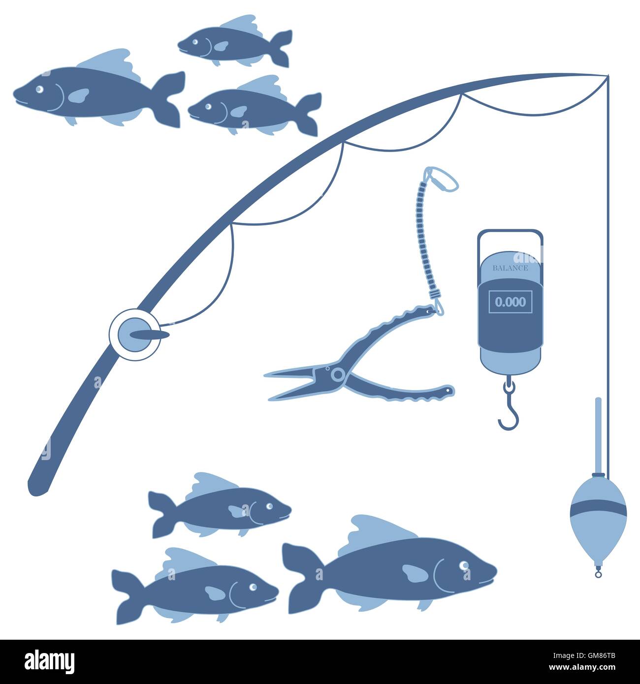 Stylized icon set of different tools for fishing and flocks of fish on ...