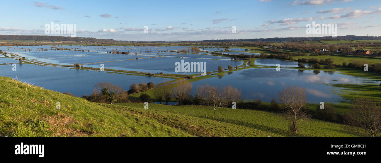 A panoramic view across the flooded fields on Aller Moor, taken from ...