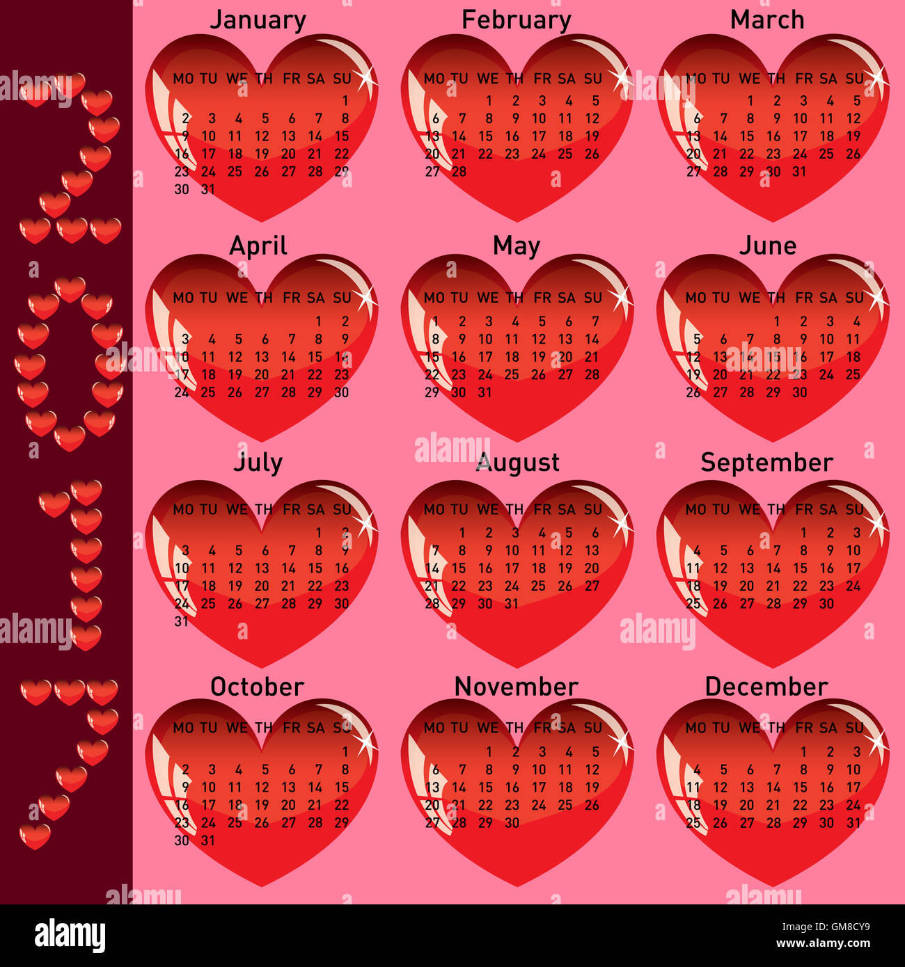 Stylish calendar with red hearts for 2017 Stock Photo - Alamy