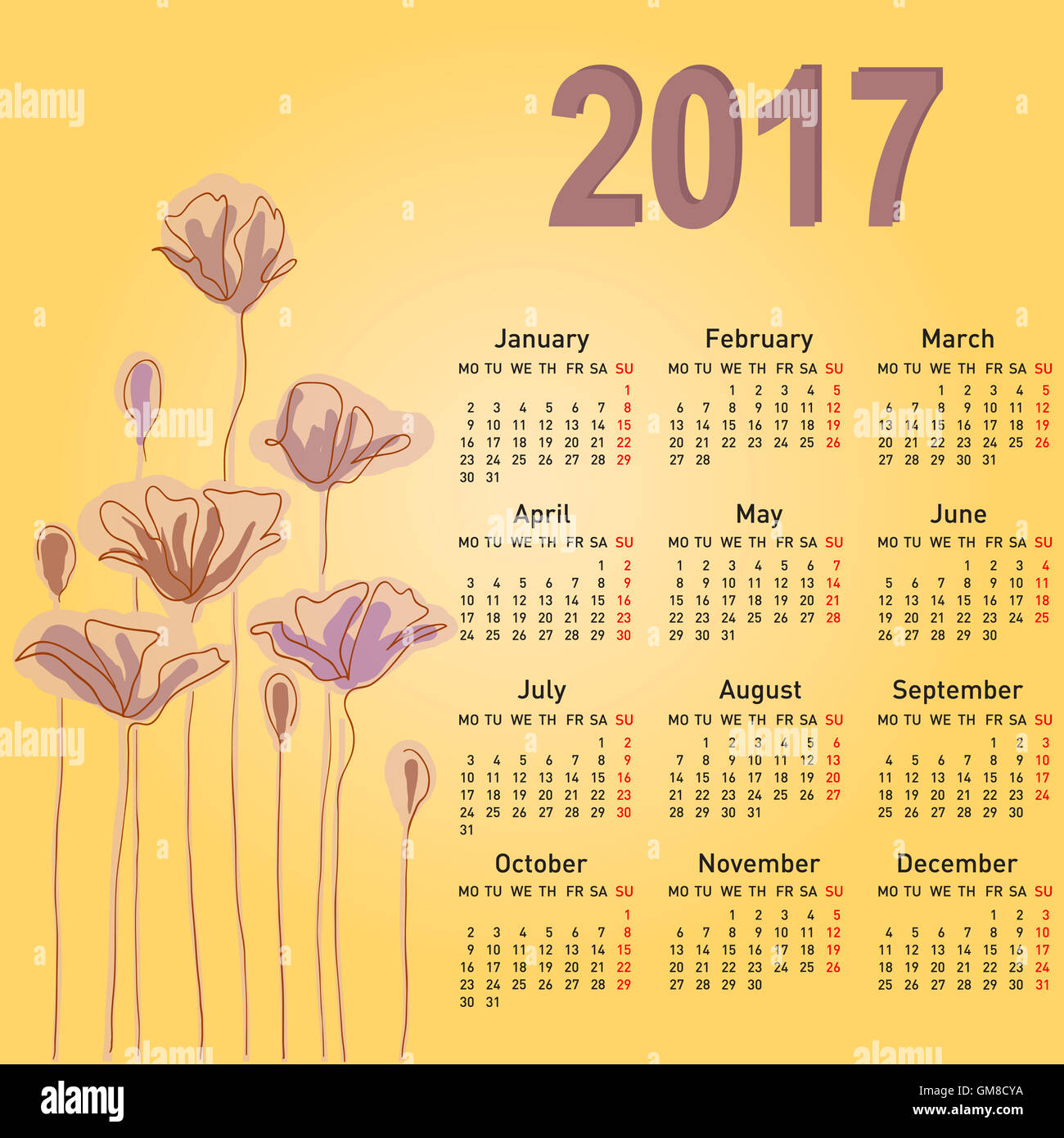 Stylish calendar with flowers for 2017 Week starts on Monday Stock ...
