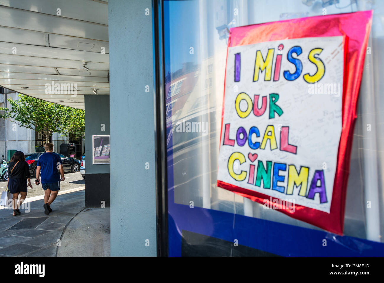 'I Miss Our Local Cinema' poster on the front door of the former ...
