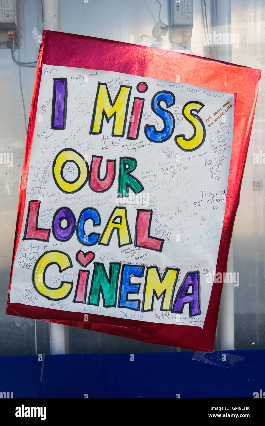 'I Miss Our Local Cinema' poster on the front door of the former ...