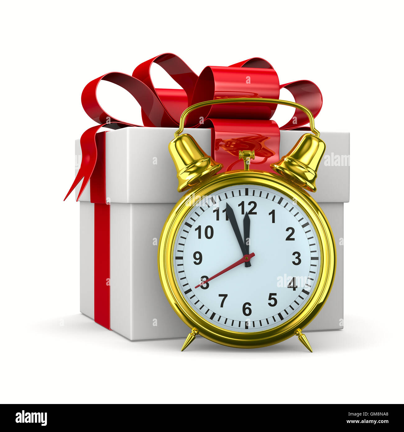 alarm clock and white gift box. Isolated 3D image Stock Photo - Alamy