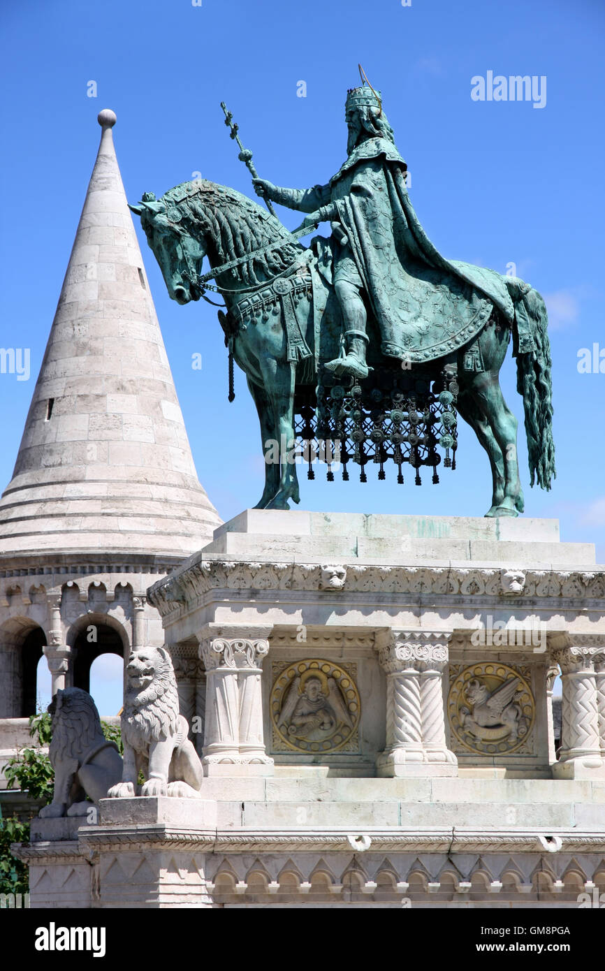 Saint Istvan statue and fisherman's bastion in Budapest, Hungary Stock ...