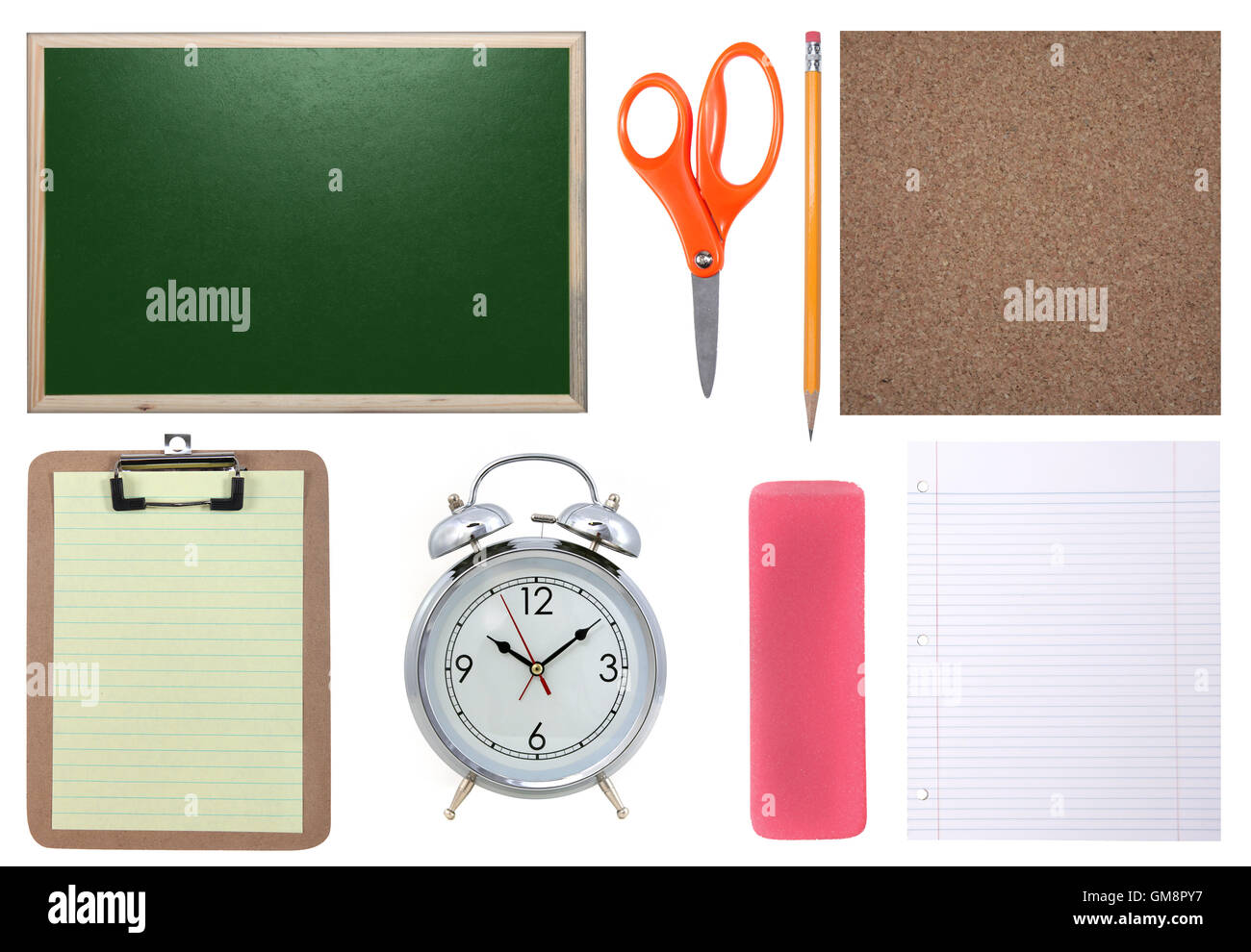 Chalkboard, Paper, Scissors, Pencil and Corkboard Isolated Stock Photo ...