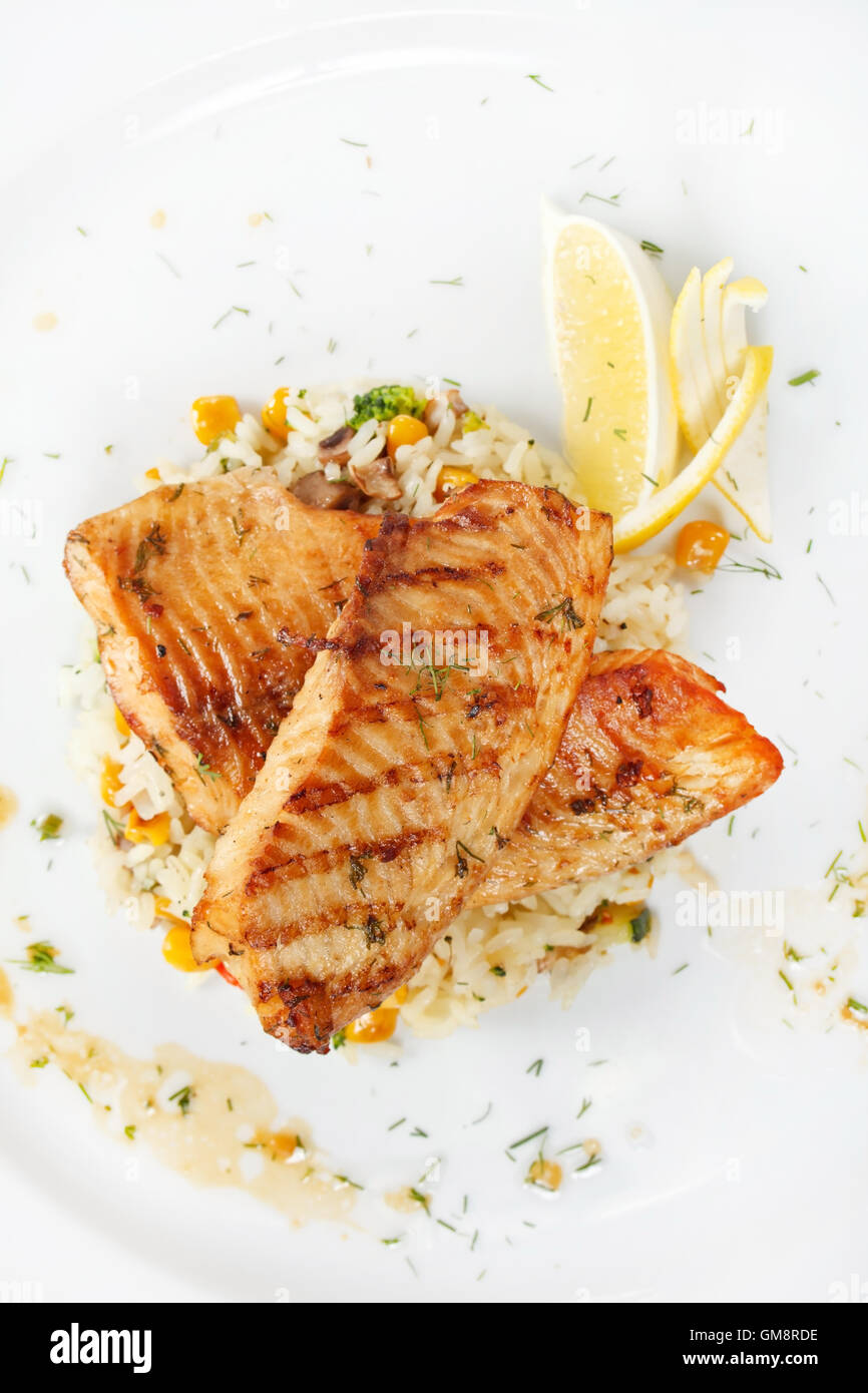 fish steak with rice Stock Photo - Alamy