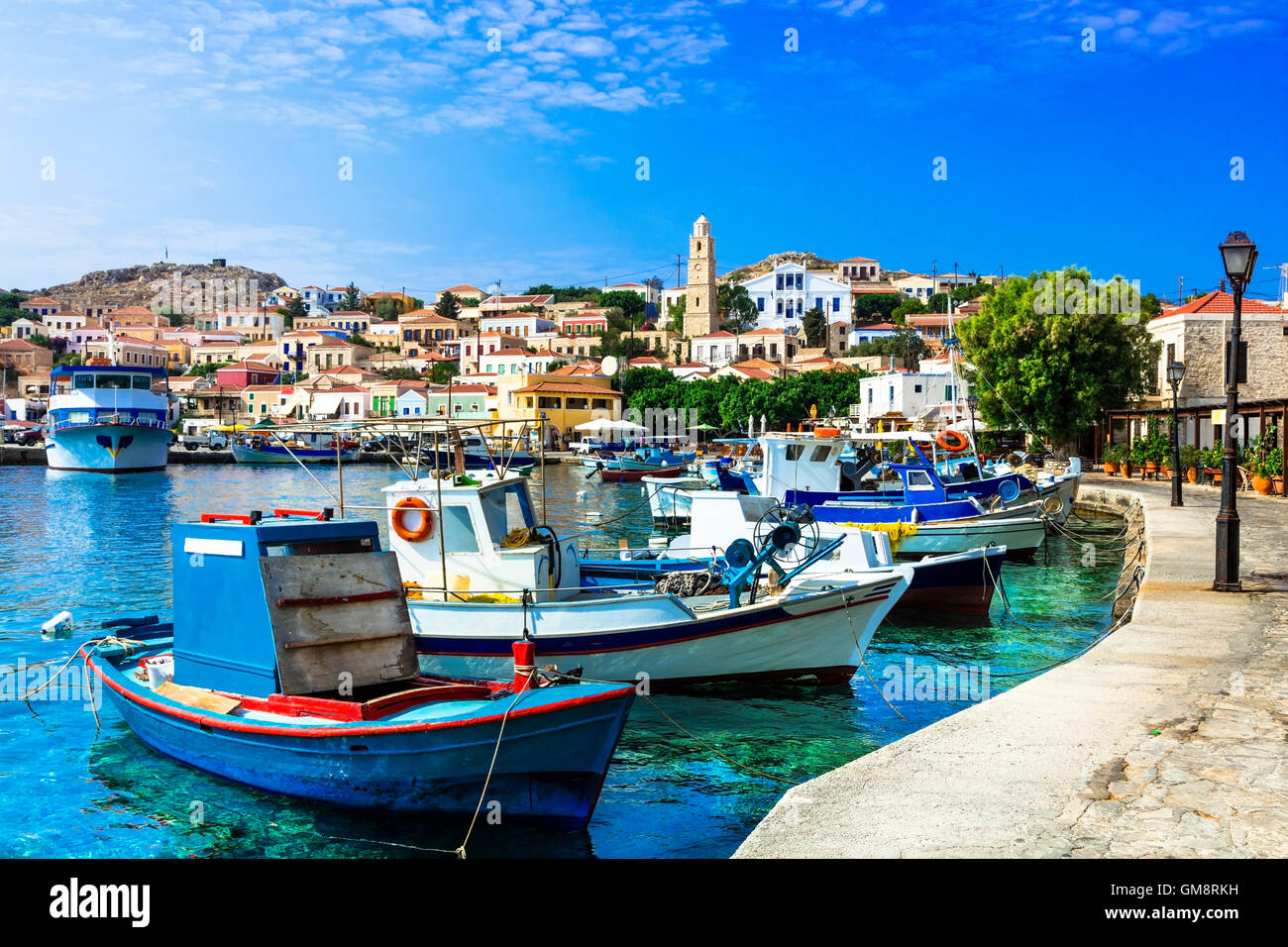 traditional Greece- Chalki island with ishing boats, Dodecanese Stock ...