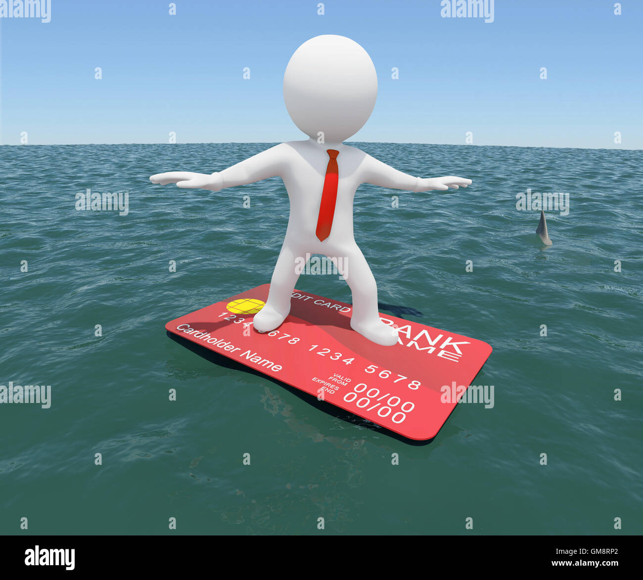 3d man floating on credit card in the sea Stock Photo - Alamy