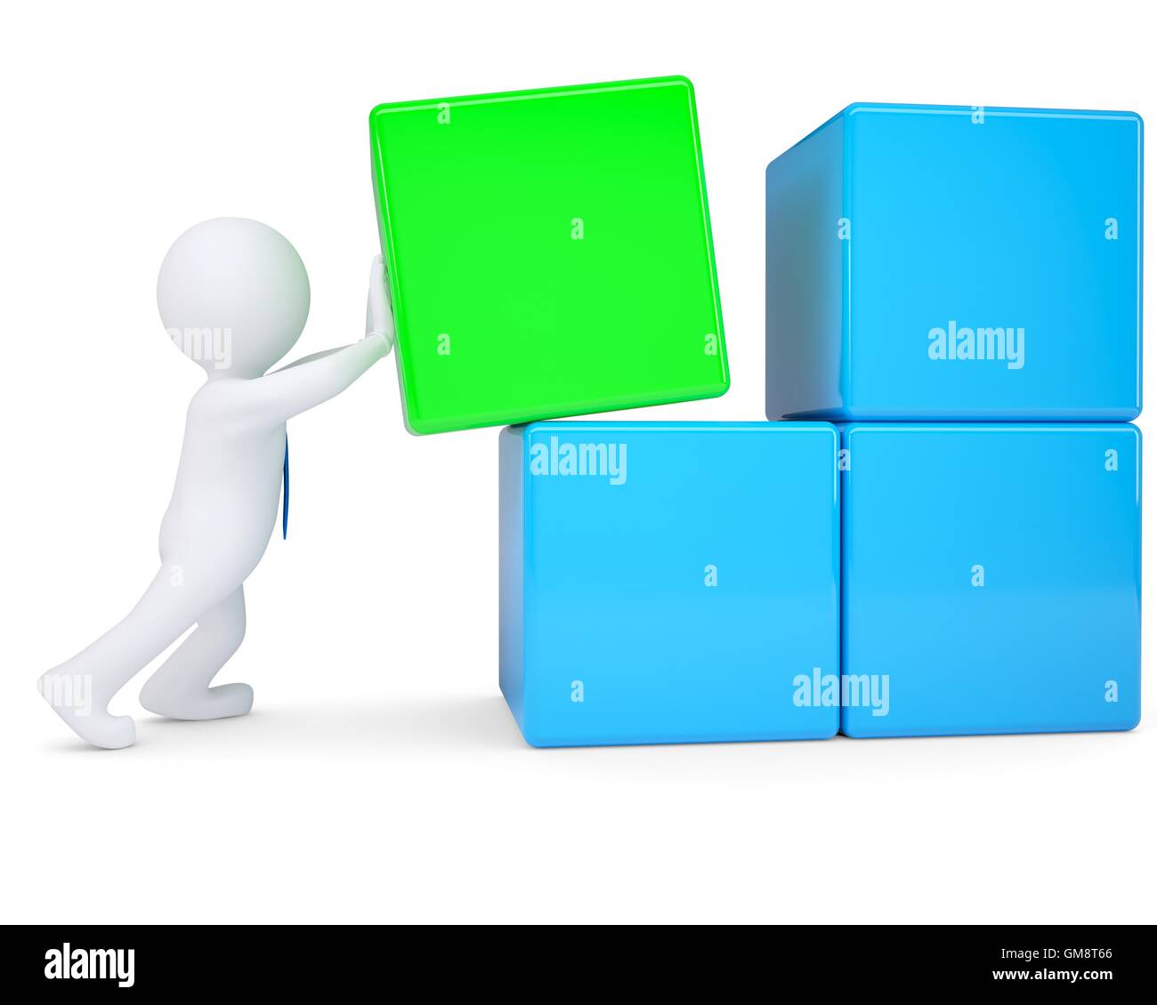 3d white man collects large cube of blocks Stock Photo - Alamy