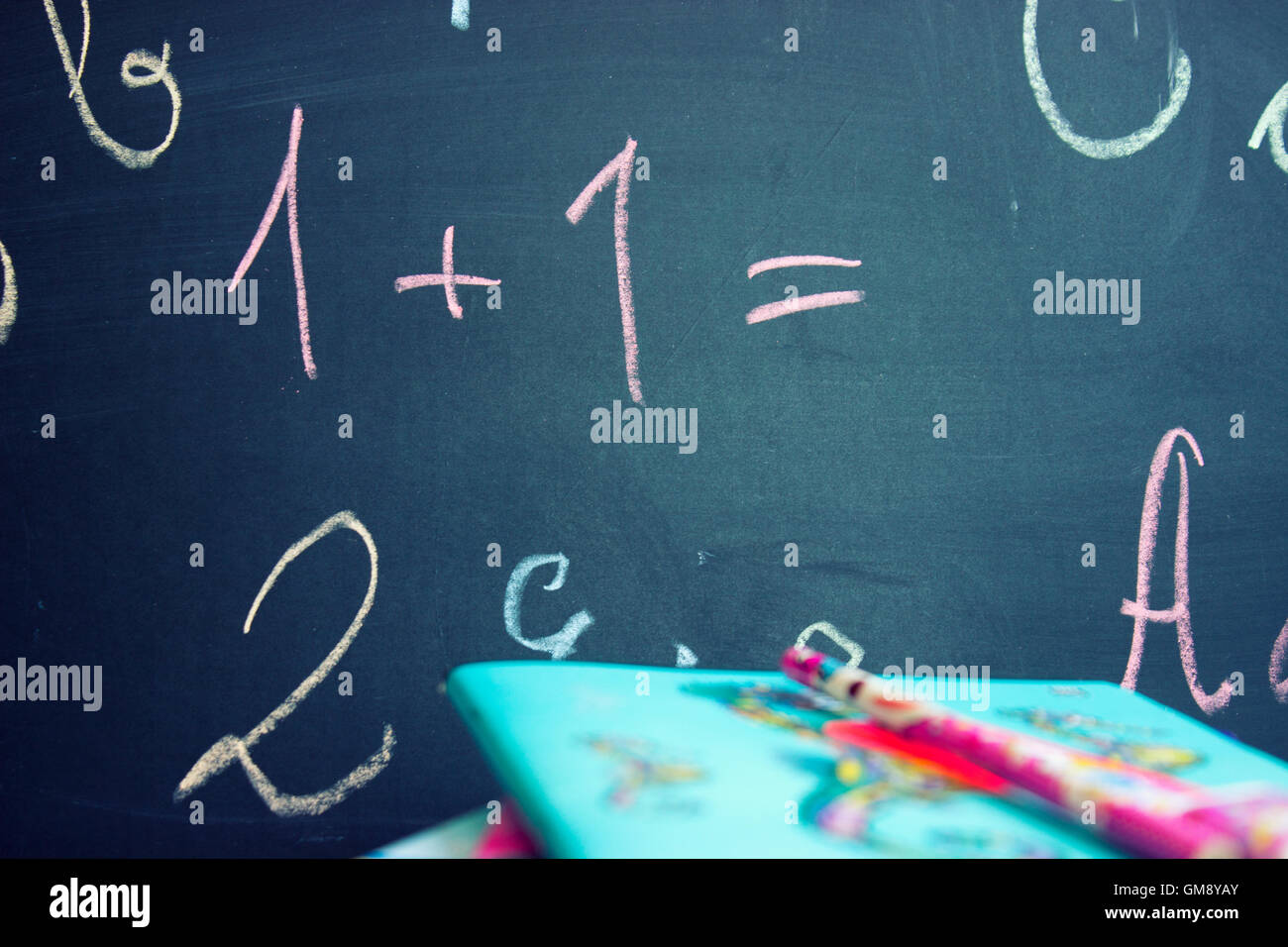 Back to school-chalkboard, notebooks and pencil Stock Photo - Alamy