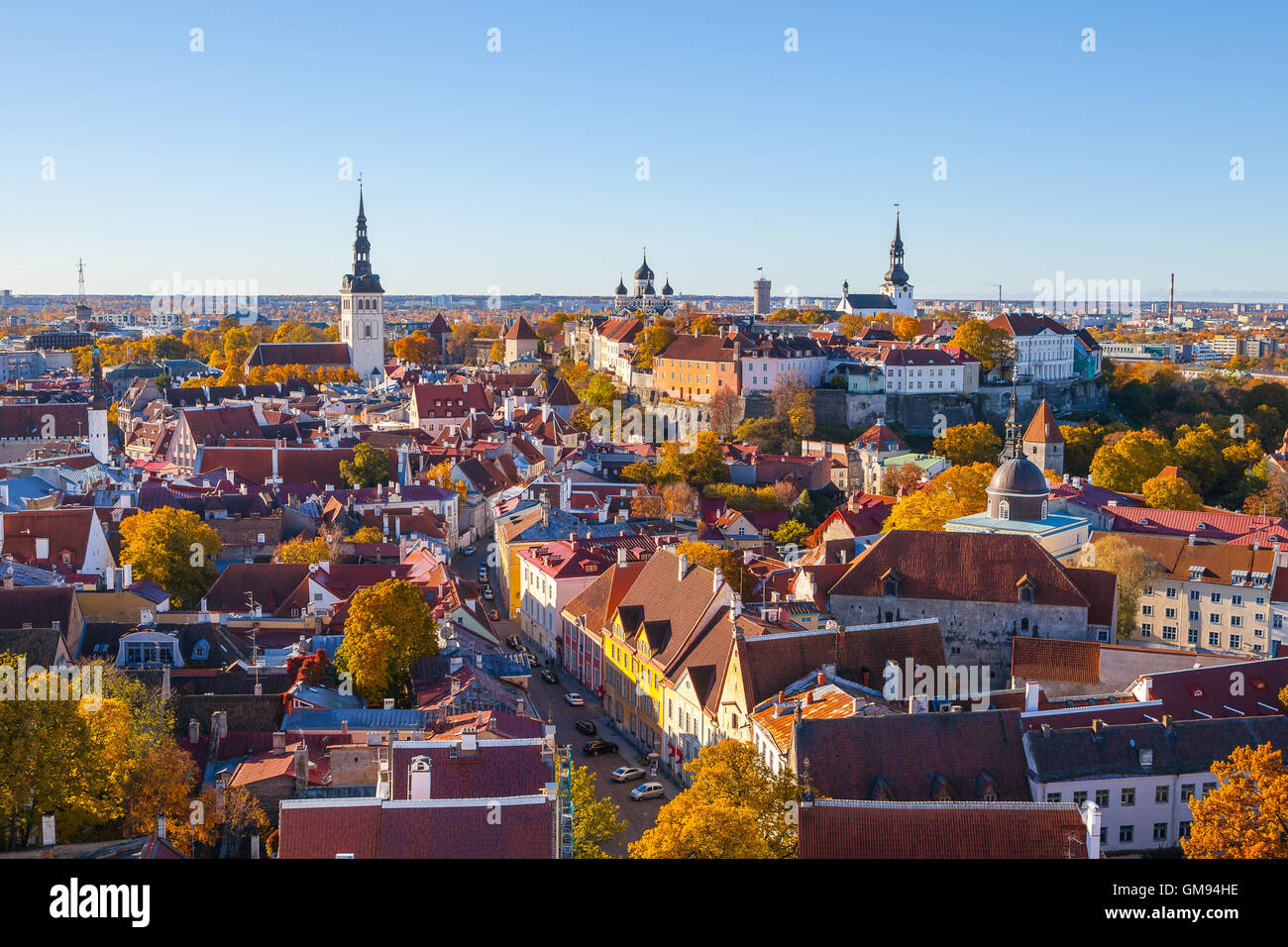 Classic panoramic view of full old Tallinn with towers, red roofs ...