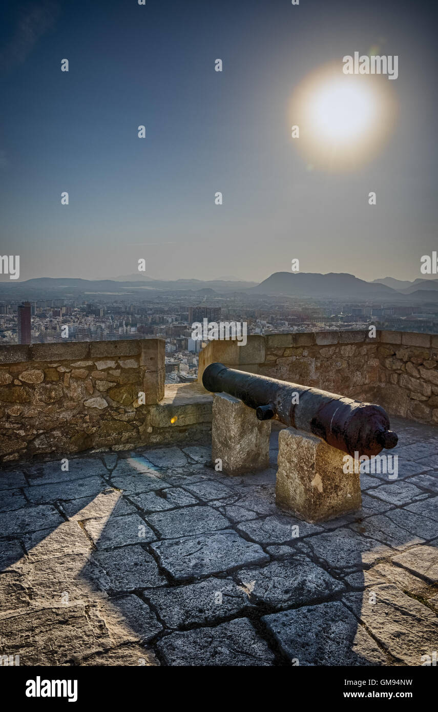 Sunset shadows on Santa Barbara castle in Alicante, Spain Stock Photo ...